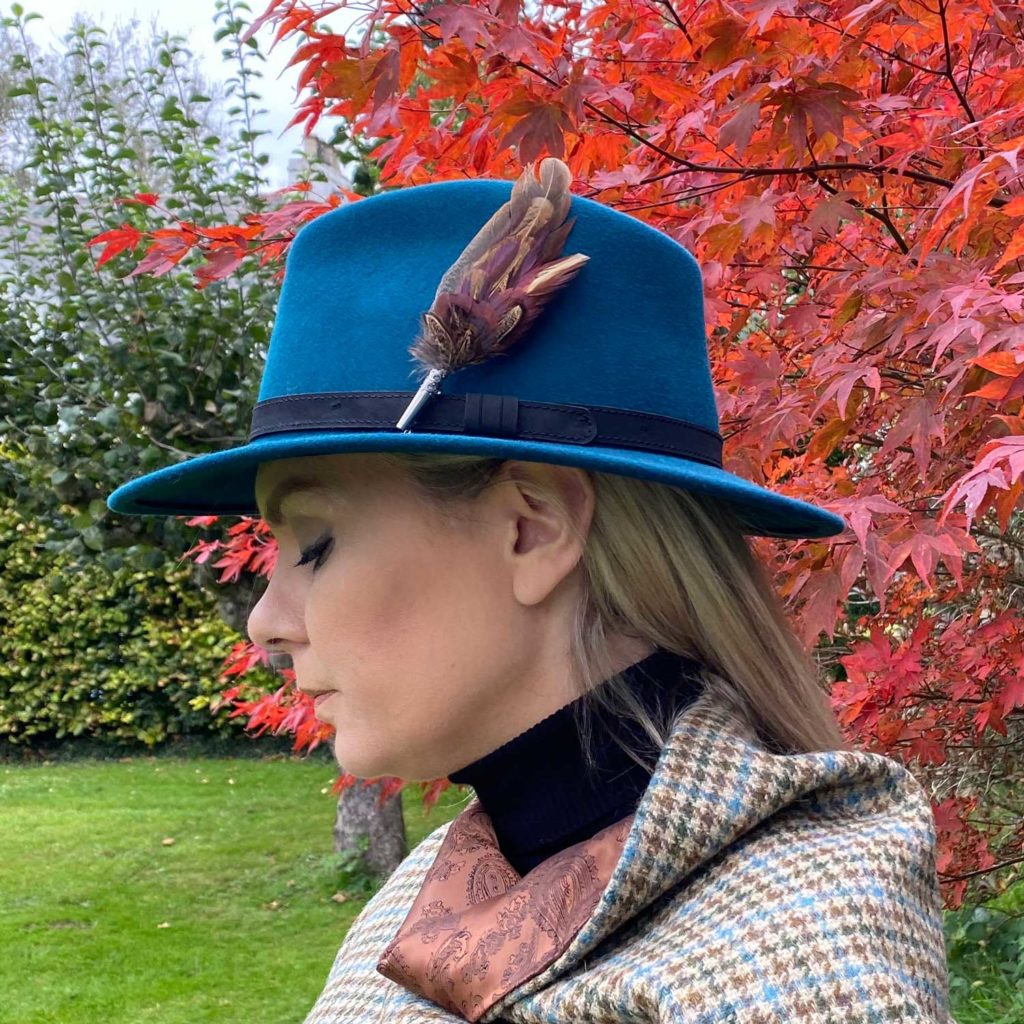 teal wool felt fedora hat with feather pin